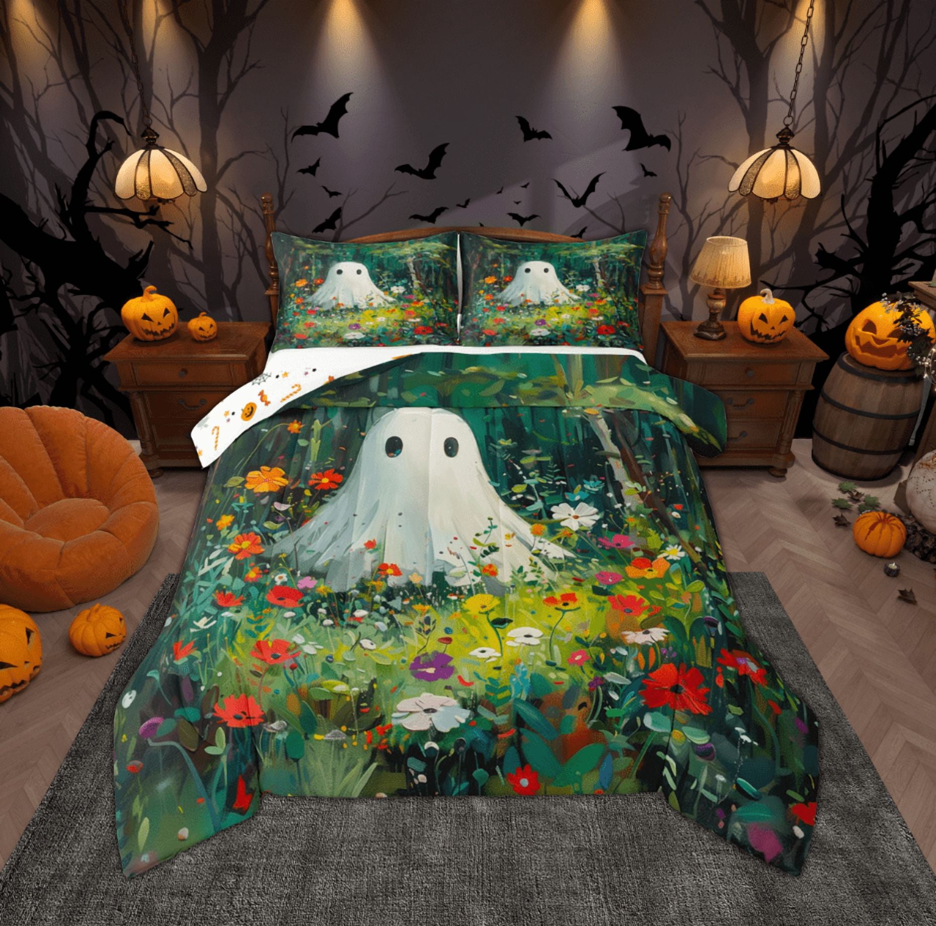 Manfei 3-Piece Halloween Ghost Full Comforter Set, Groovy Daisy Cabin ...