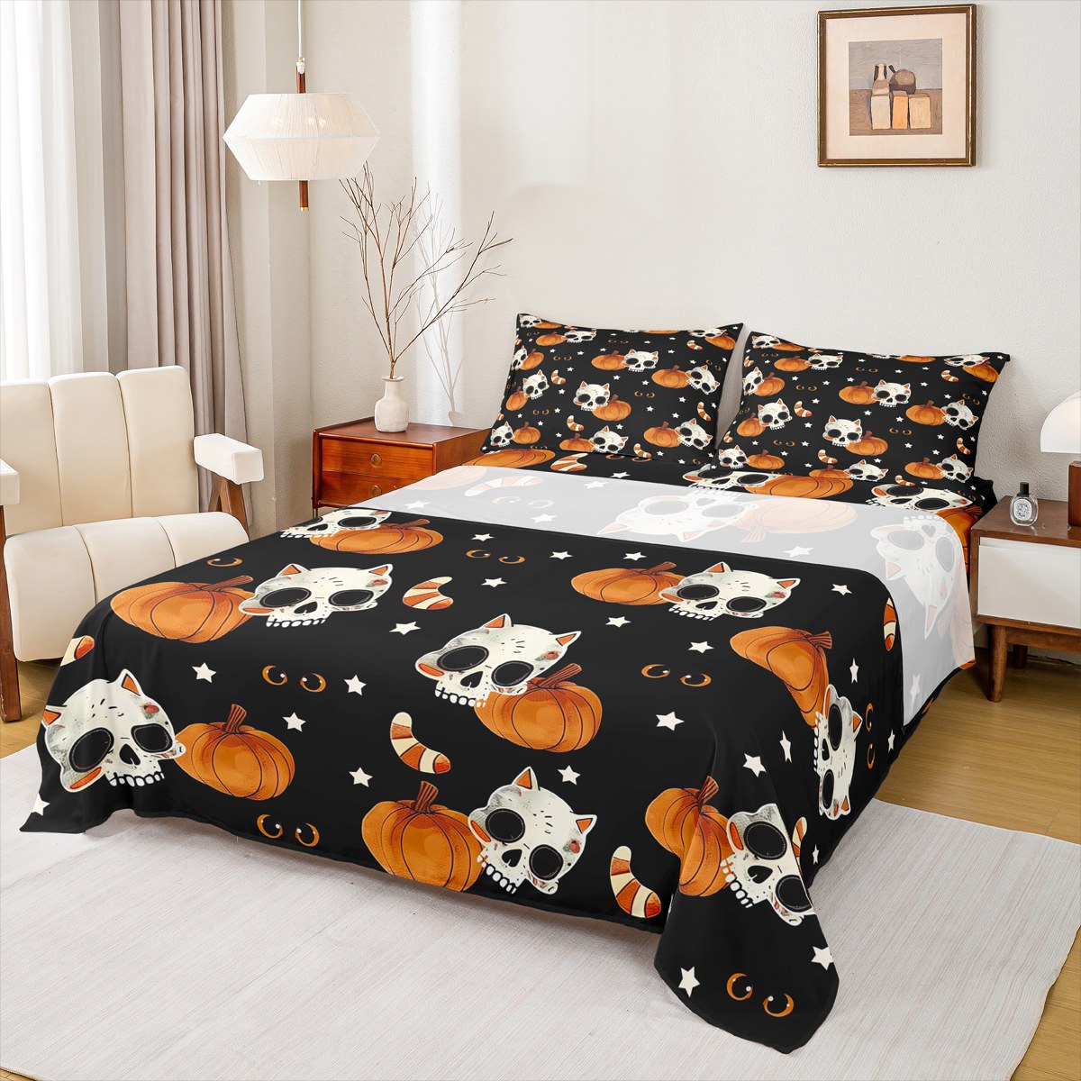 Manfei Halloween Ghost Full Size Sheets for Kids, Orange Halloween ...