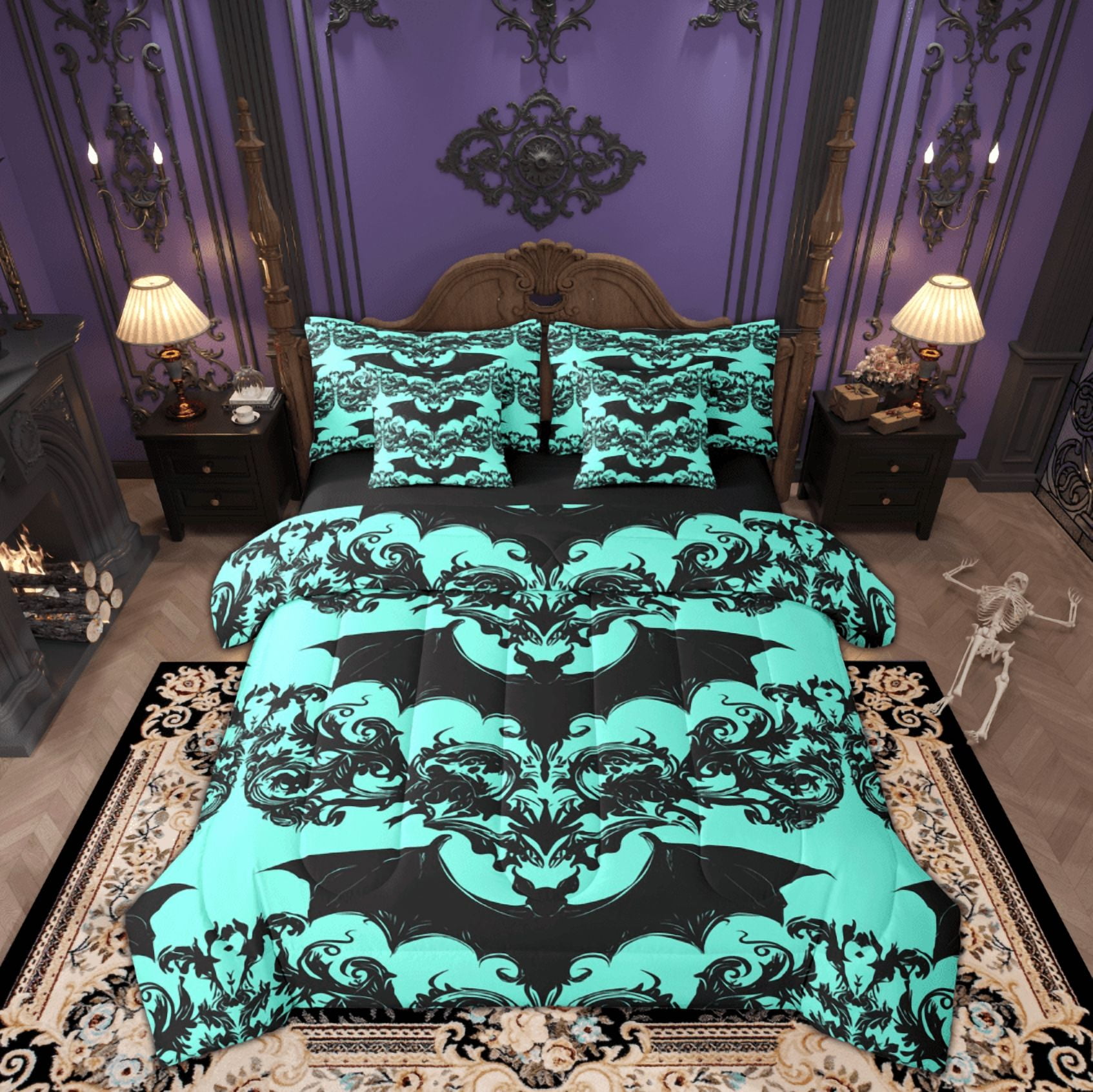 Manfei Halloween Gothic Bat Bedding Comforter Set 7pcs, Bohemian Damask ...