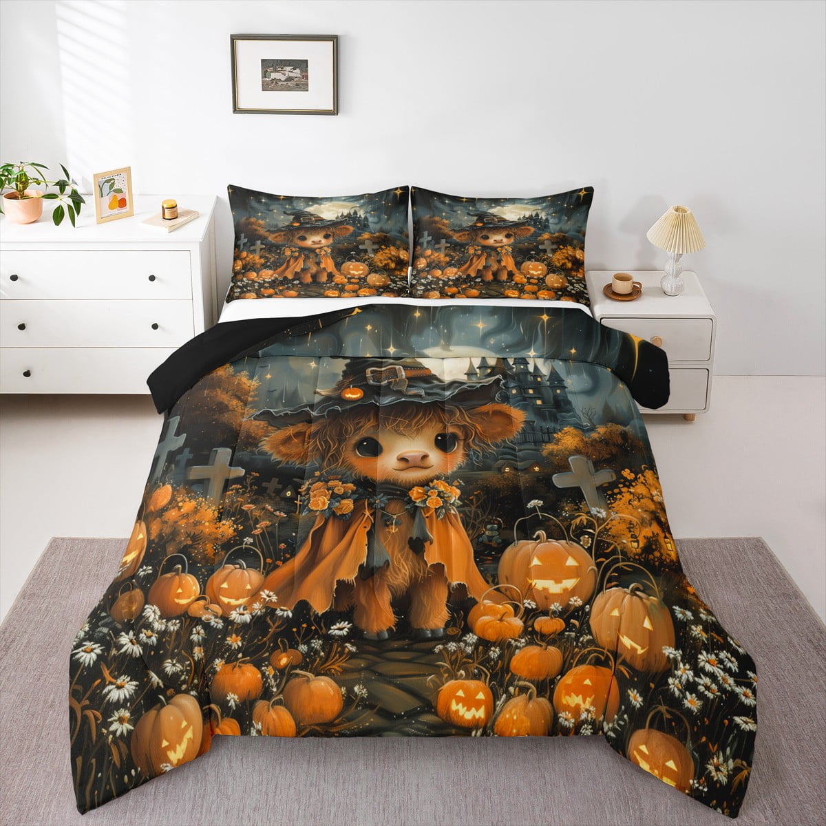 Manfei Halloween Highland Cow King Size Comforter Sets,Funny Pumpkin ...