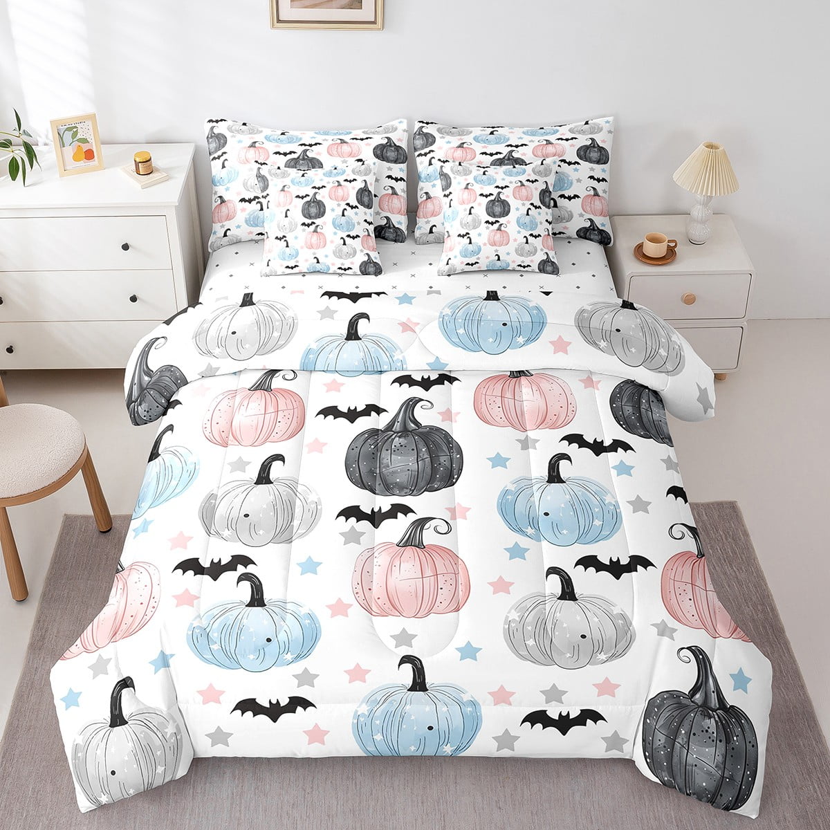 Feelyou Halloween Pumpkin Bedding Comforter Set 7-Piece, Gothic Bat ...