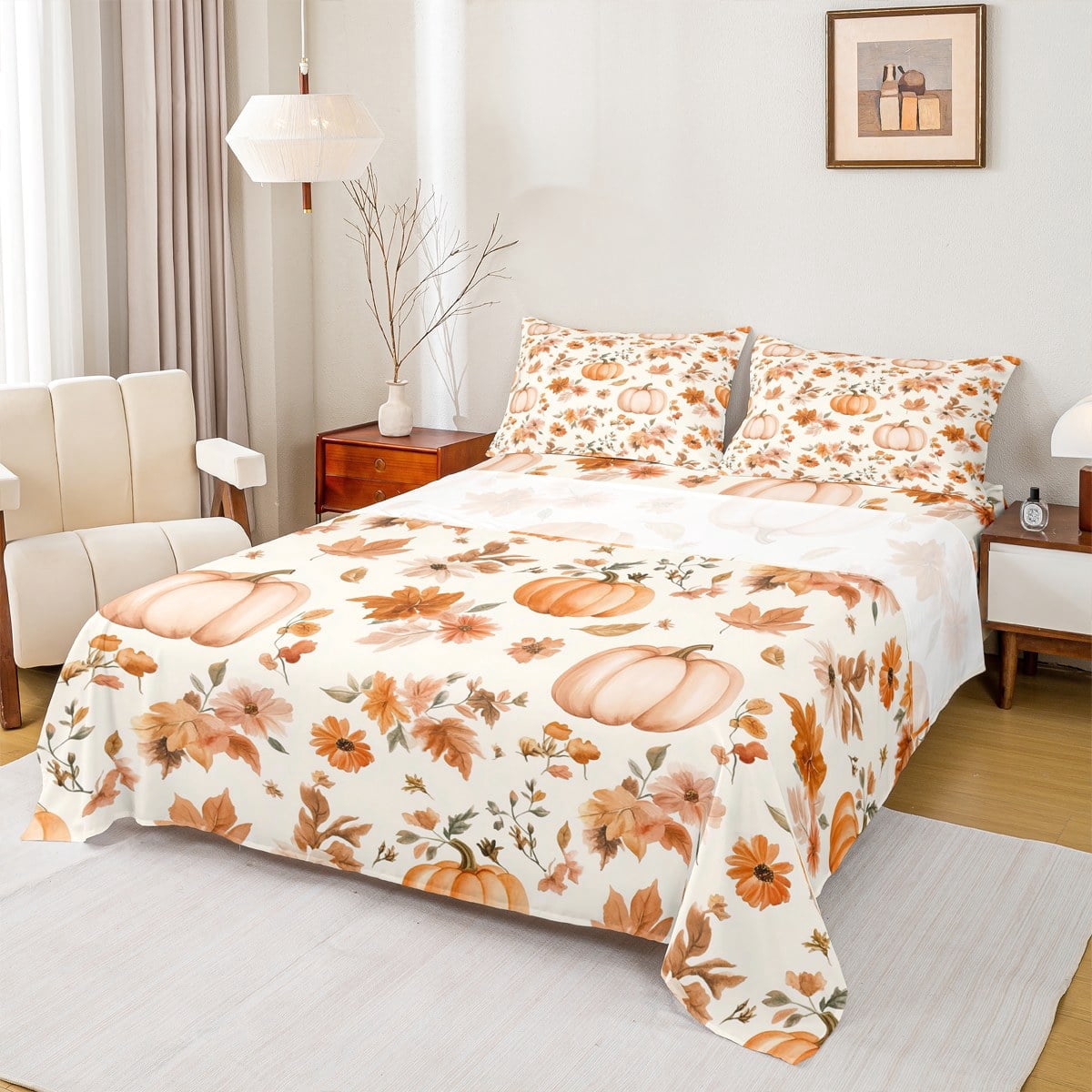 Manfei Halloween Pumpkin Queen Sheet Sets,Autumn Fall Leaves Flat Sheet ...