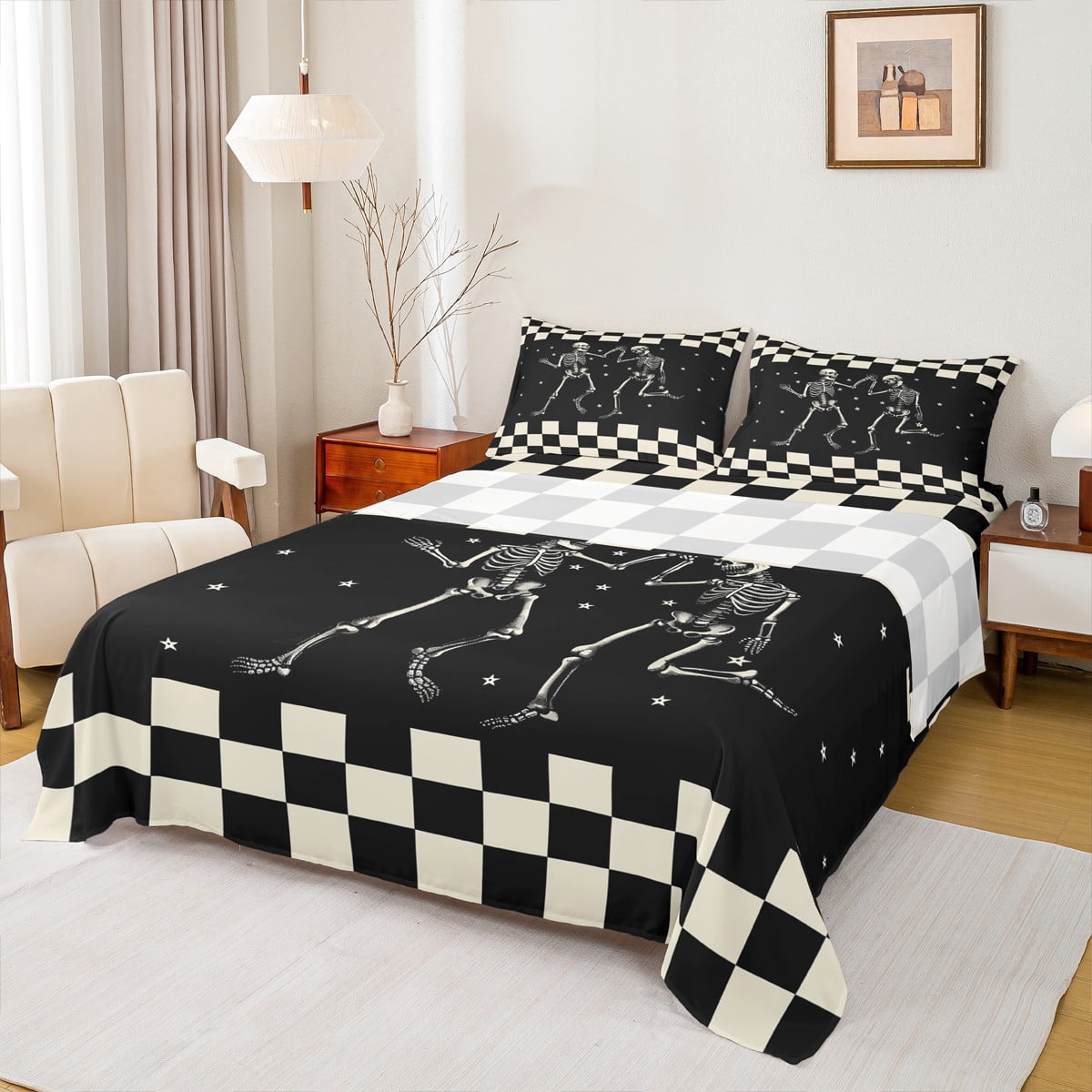 Manfei Halloween Skeleton Full Size Sheets,Geometric Grid Bed Sheets ...