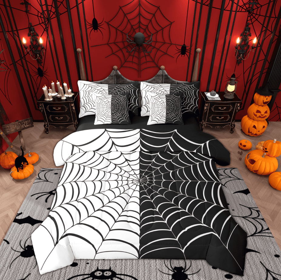 Manfei Halloween Spider Web Bedding Comforter Set 7 Pieces, Black White ...