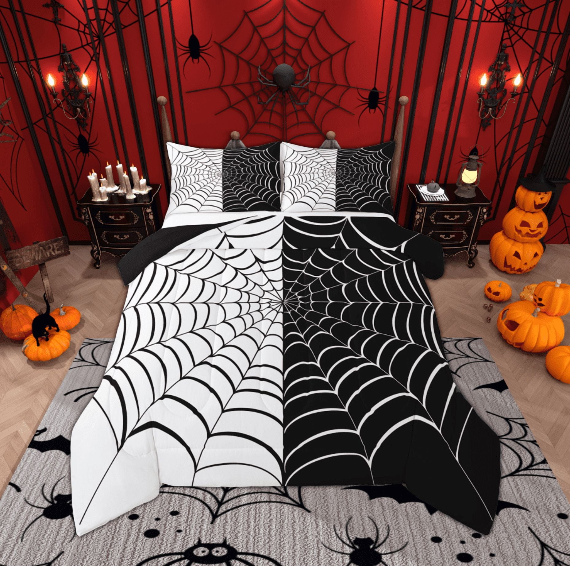 Manfei Halloween Spider Web Bedding Comforter Set, Black White Stripes ...