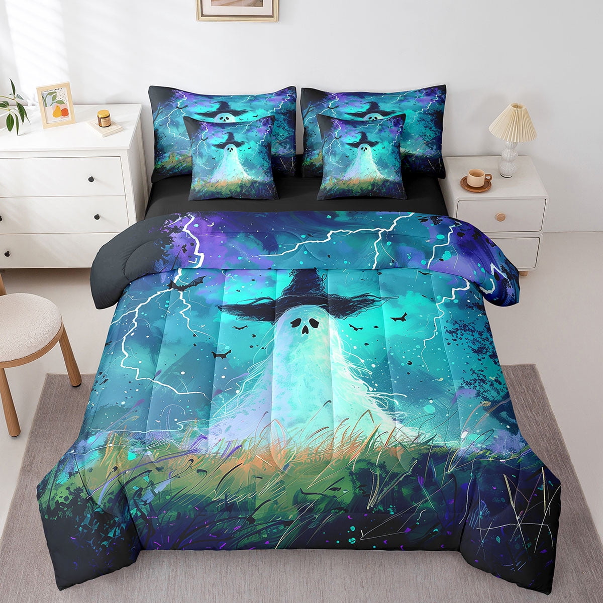 Manfei Halloween Spooky Ghost Bed in a Bag Queen Size,Lightning Bed Set ...