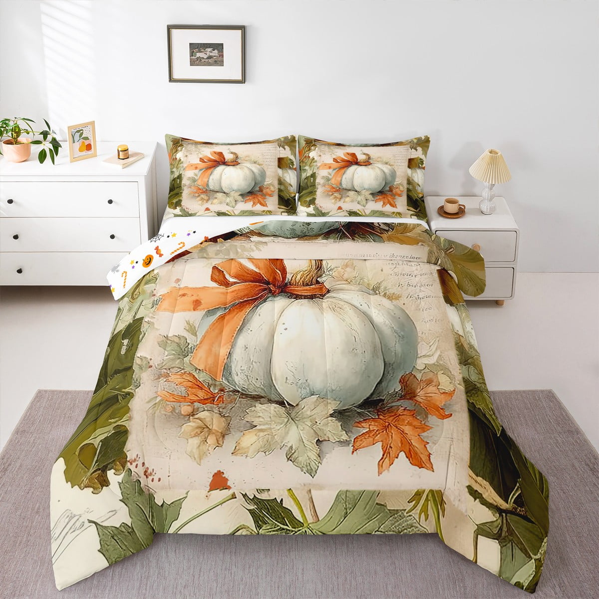 Manfei Halloween Theme Queen Comforter Set,Autumn Harvest Pumpkin ...