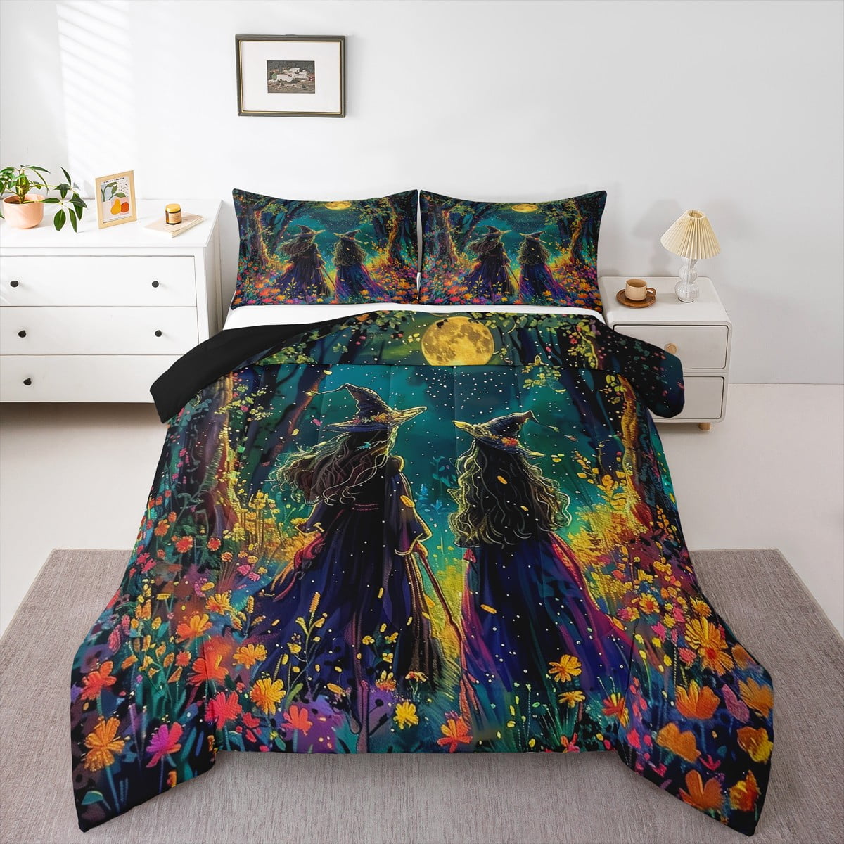 Manfei Halloween Witch Full Size Comforter Sets,Colorful Rustic Flower ...