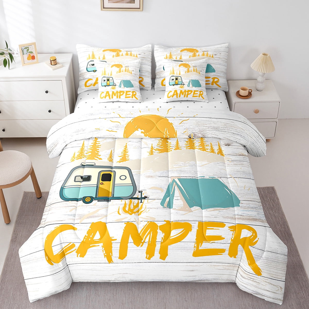 Manfei Happy Camping Bedding Sets Queen Size, Rustic Lodge Cabin Bed in ...