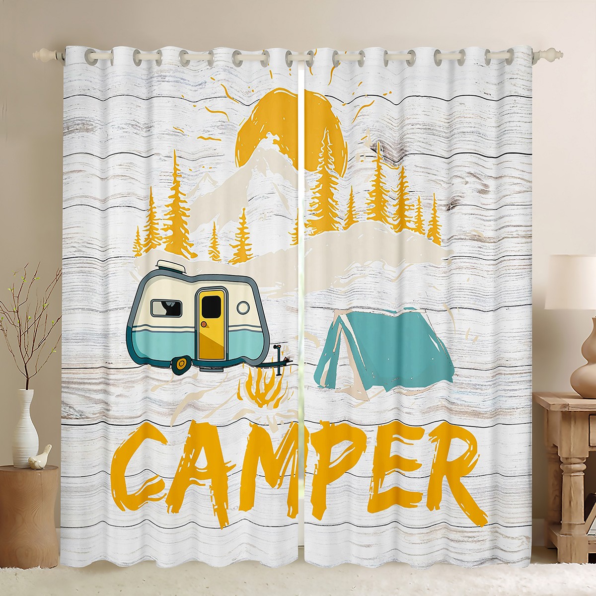 Manfei Happy Camping Curtains for Living Room, Rustic Lodge Cabin ...