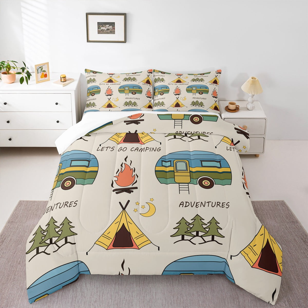 Manfei Happy Camping Full Size Comforter Sets,Colorful Camper Rv ...