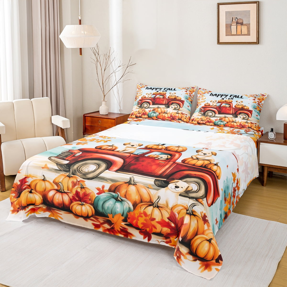 Manfei Happy Fall Full Size Sheets,Rustic Pumpkin Maples Bed Sheets,Pet ...