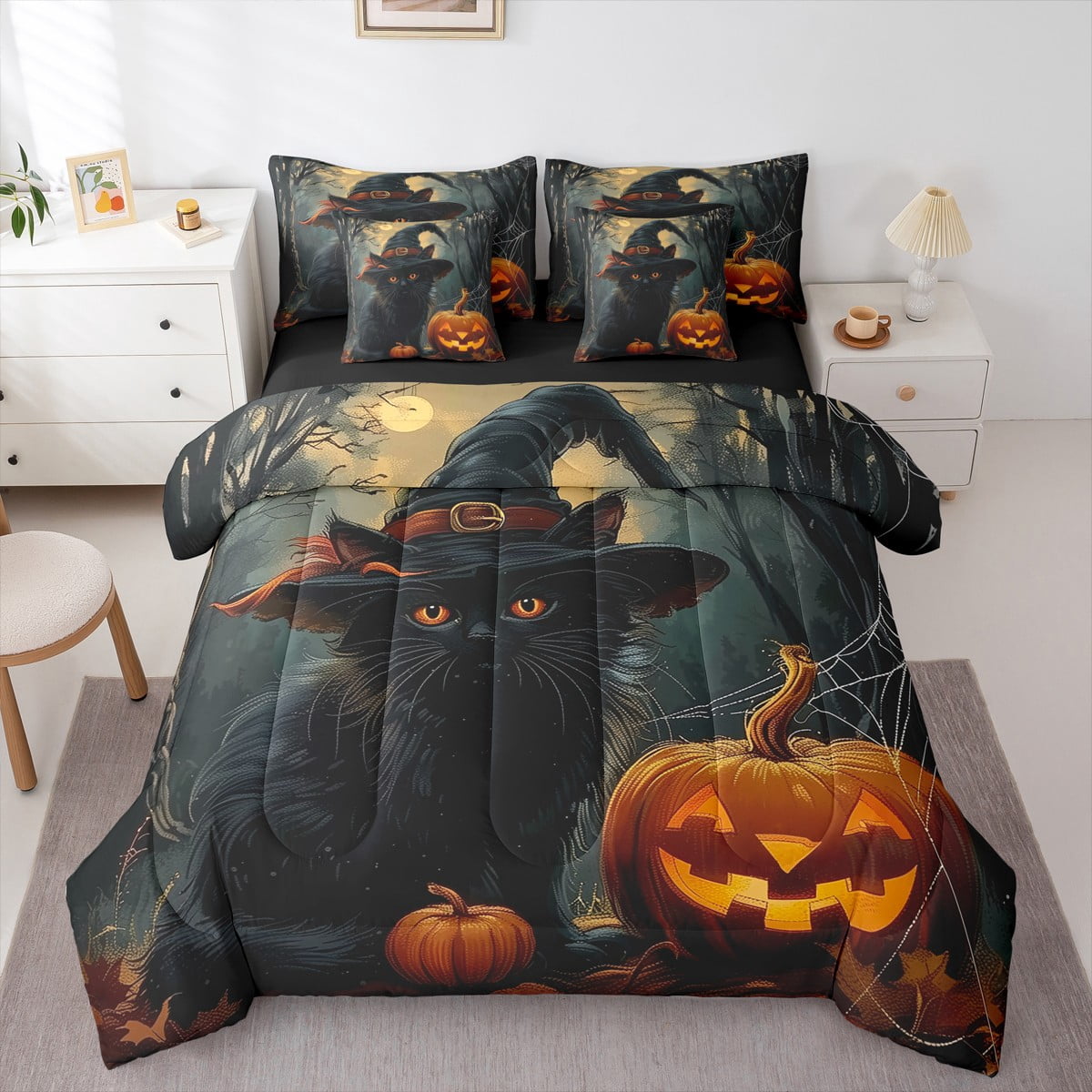 Manfei Happy Halloween 7pcs Bedding Comforter Set,Kawaii Black Cat ...