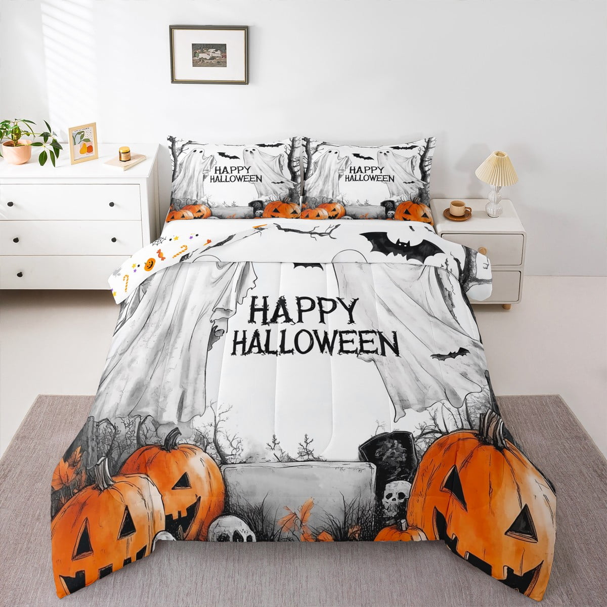Manfei Happy Halloween Full Size Comforter Sets,Spooky Pumpkin Bats ...