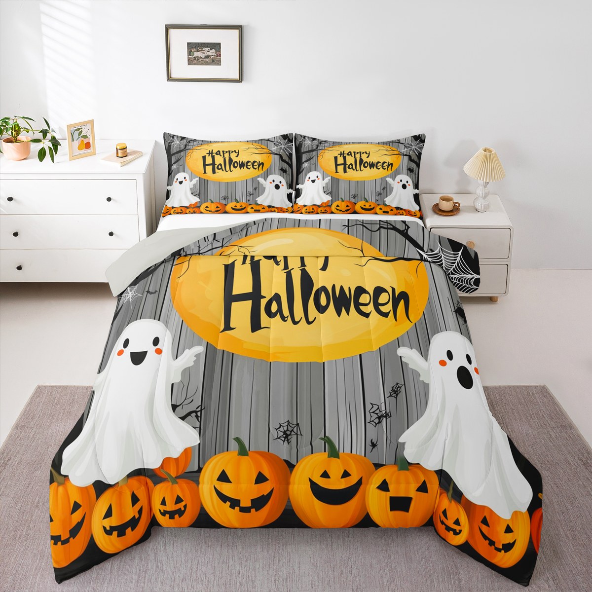 Manfei Happy Halloween Full Size Comforter Sets,White Kawaii Ghost ...