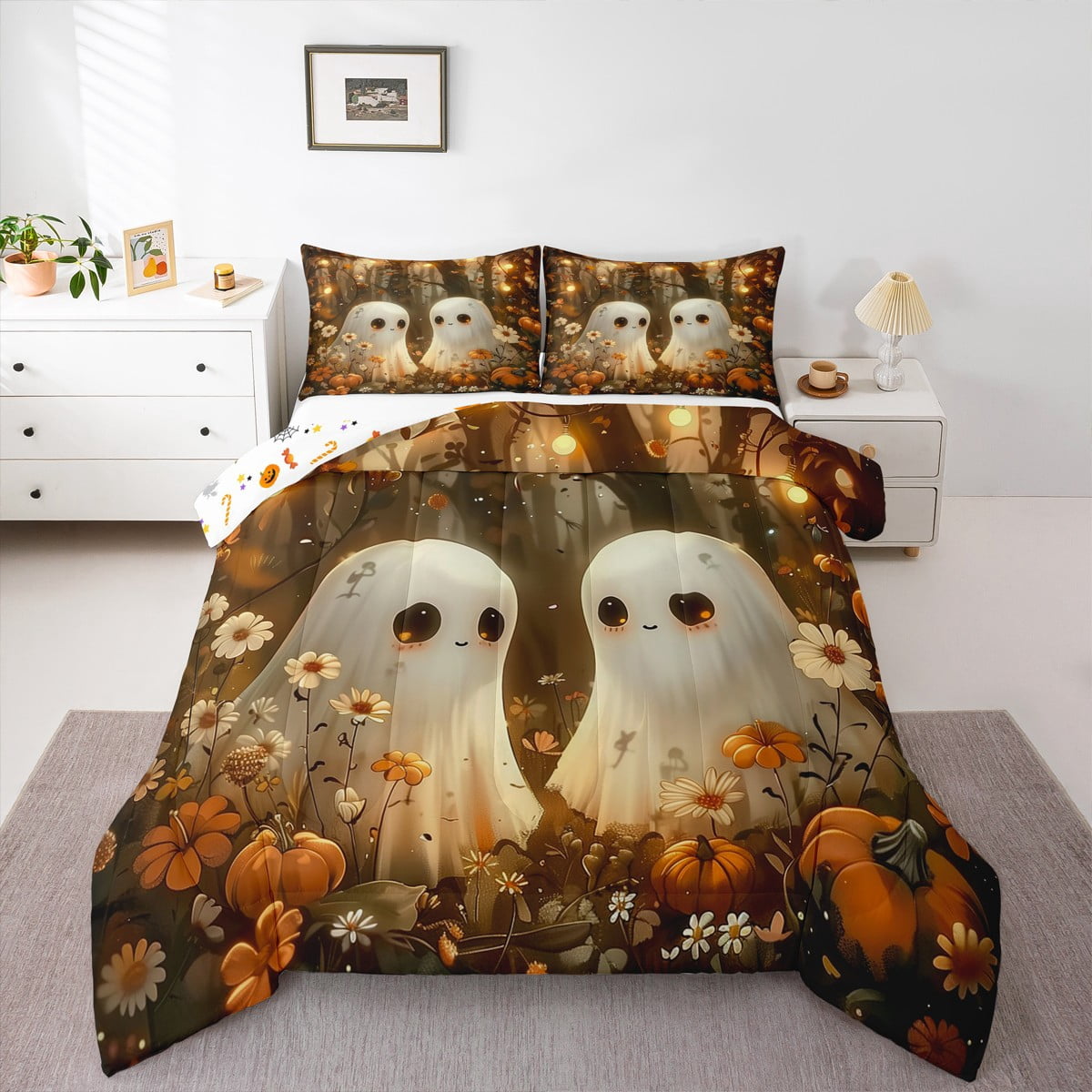 Manfei Happy Halloween Queen Comforter Set,Kawaii Ghost,Autumn Pumpkin ...