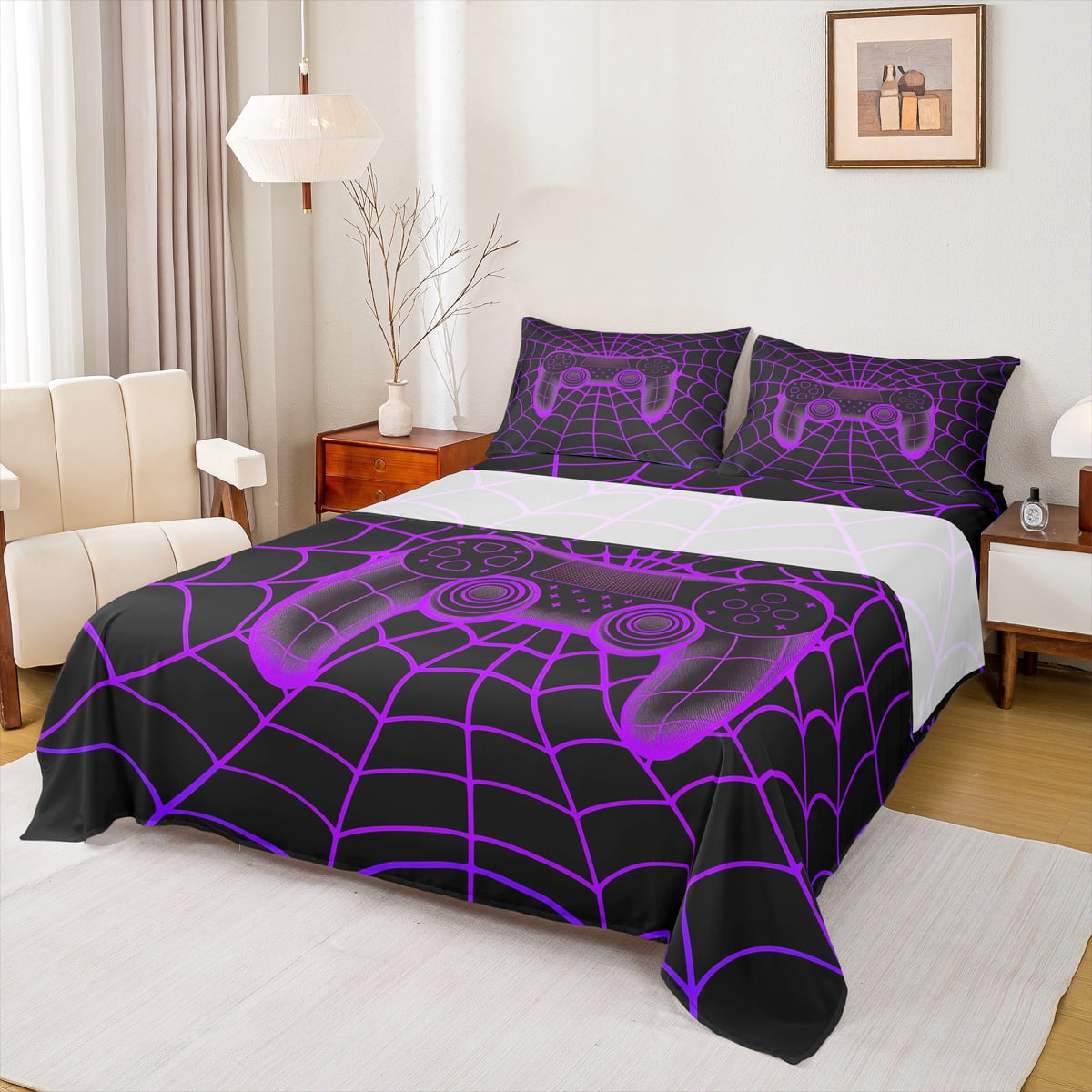 Manfei Happy Halloween Spider Web Queen Sheet Sets,Cartoon Gamepad Flat ...
