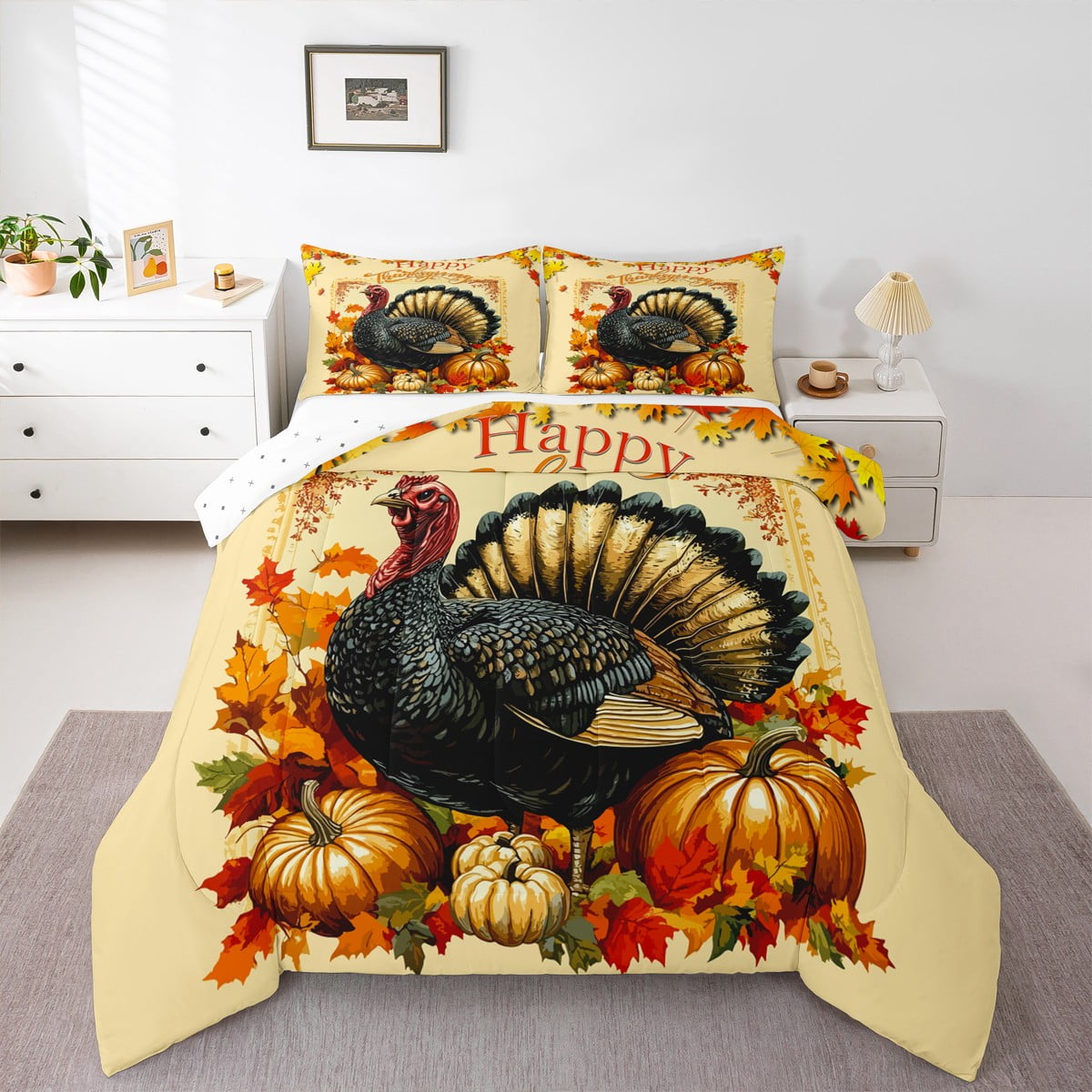Manfei Happy Thanksgiving Queen Comforter Set,Country Turkey Pumpkin ...
