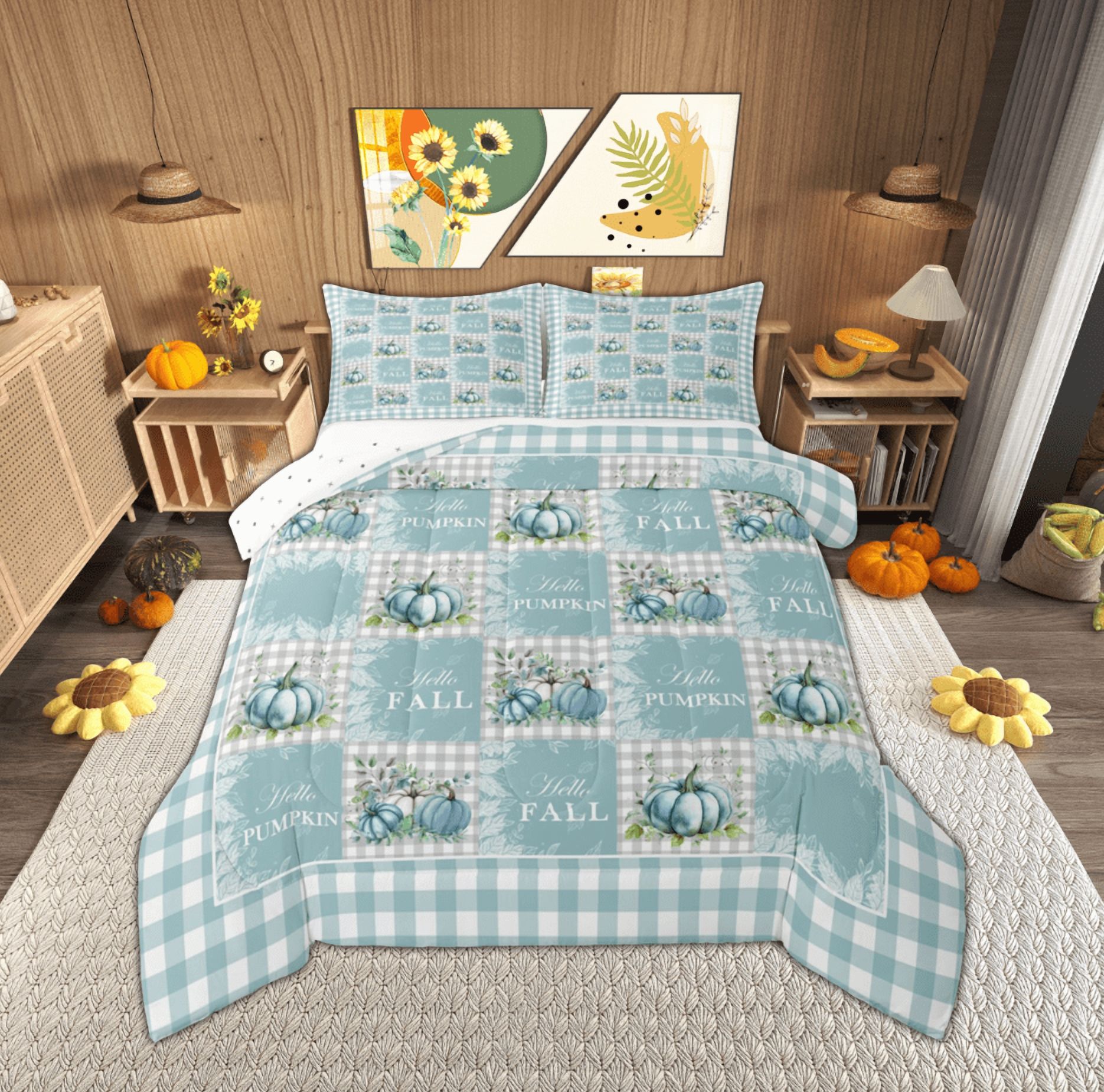 Manfei Harvest Pumpkin Child Full Size Comforter Sets, Rustic Blue ...