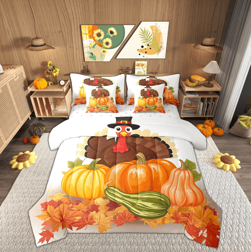 Manfei Harvest Turkey Bedding Sets King Size, Fall Autumn Pumpkin Bed ...
