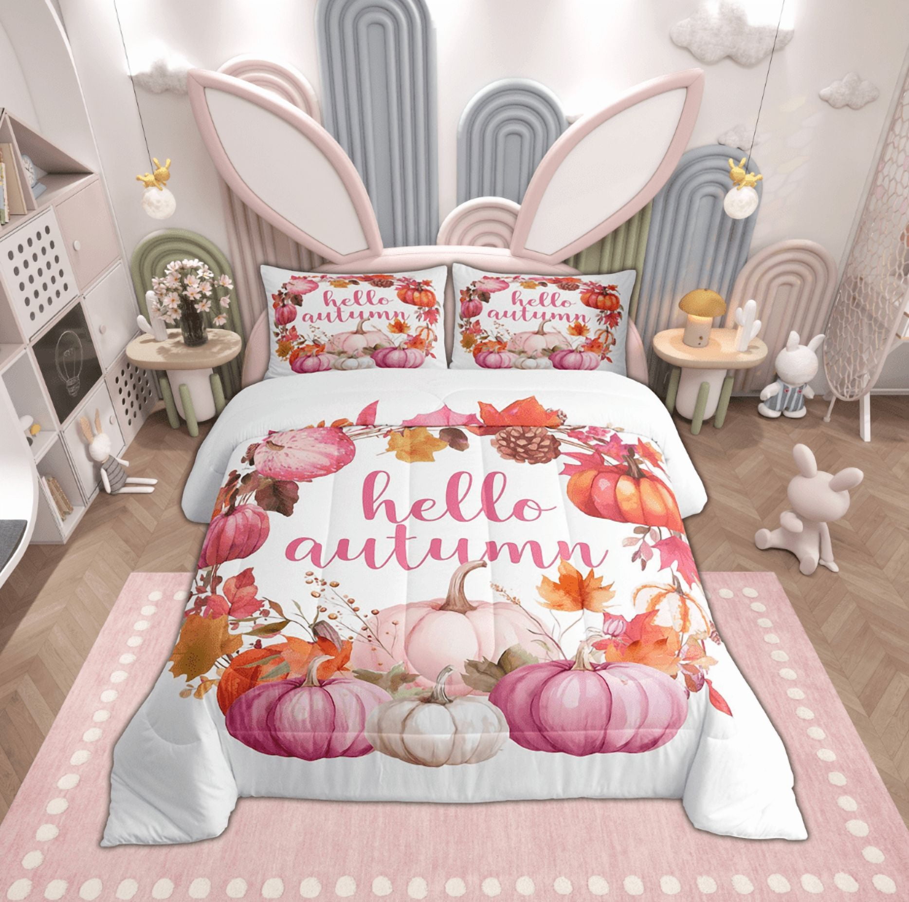 Manfei Hello Autumn Queen Comforter Set for Teens, Cartoon Pink Pumpkin ...