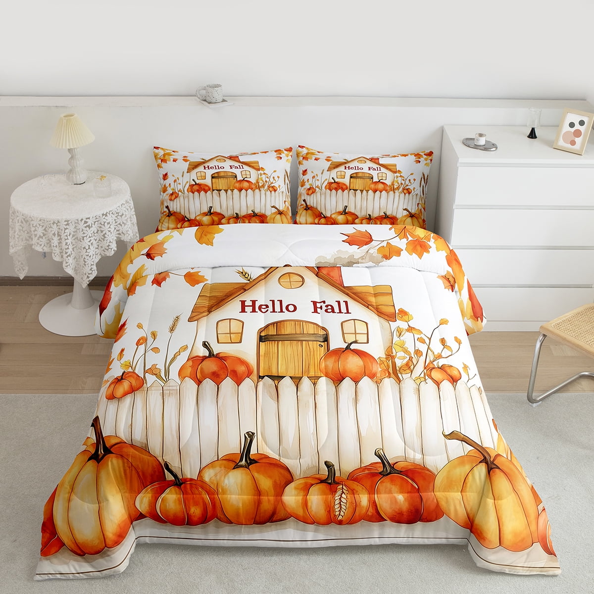 Manfei Hello Fall Queen Comforter Set,Autumn Pumpkin Maples Bedding ...