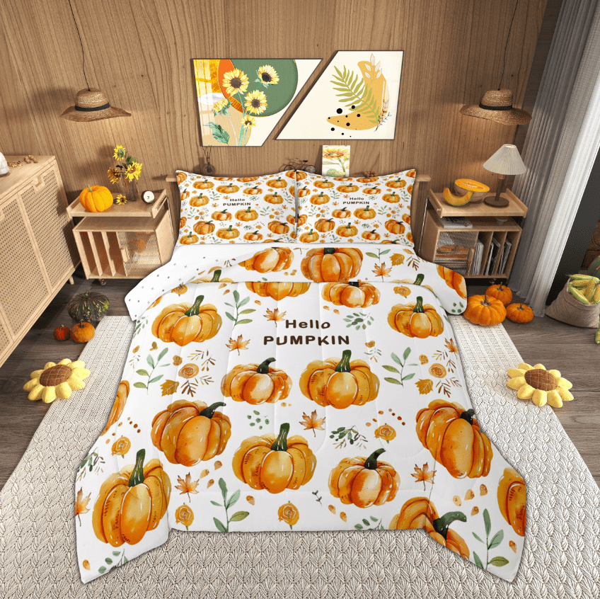 Manfei Hello Pumpkin Bedding Comforter Set for Kids, Fall Autumn Maple ...