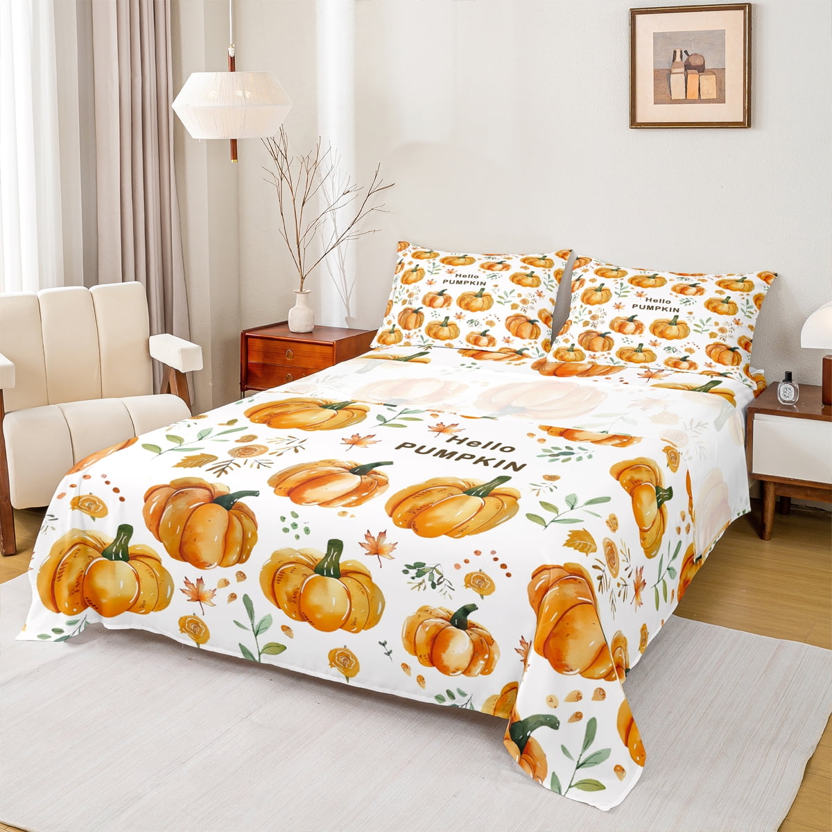 Manfei Hello Pumpkin Full Size Sheets for Kids, Fall Autumn Maple Leaf ...