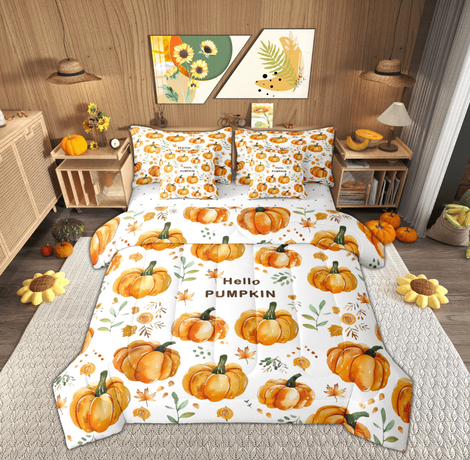 Manfei Hello Pumpkin Twin Bedding Sets 7-Piece for Kids, Fall Autumn ...