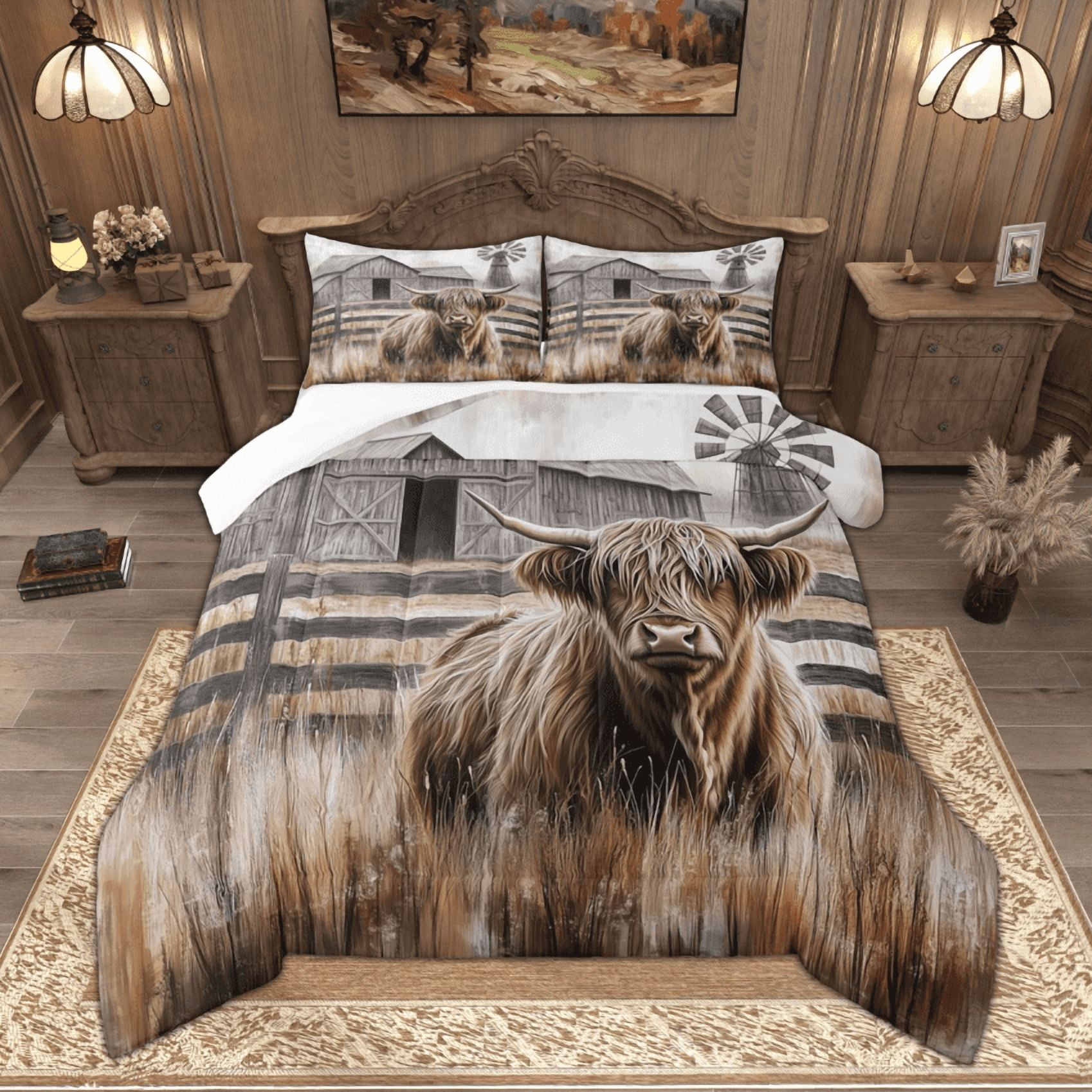 Manfei Highland Cattle Bedding Comforter Set, Rustic Farmhouse Windmill ...