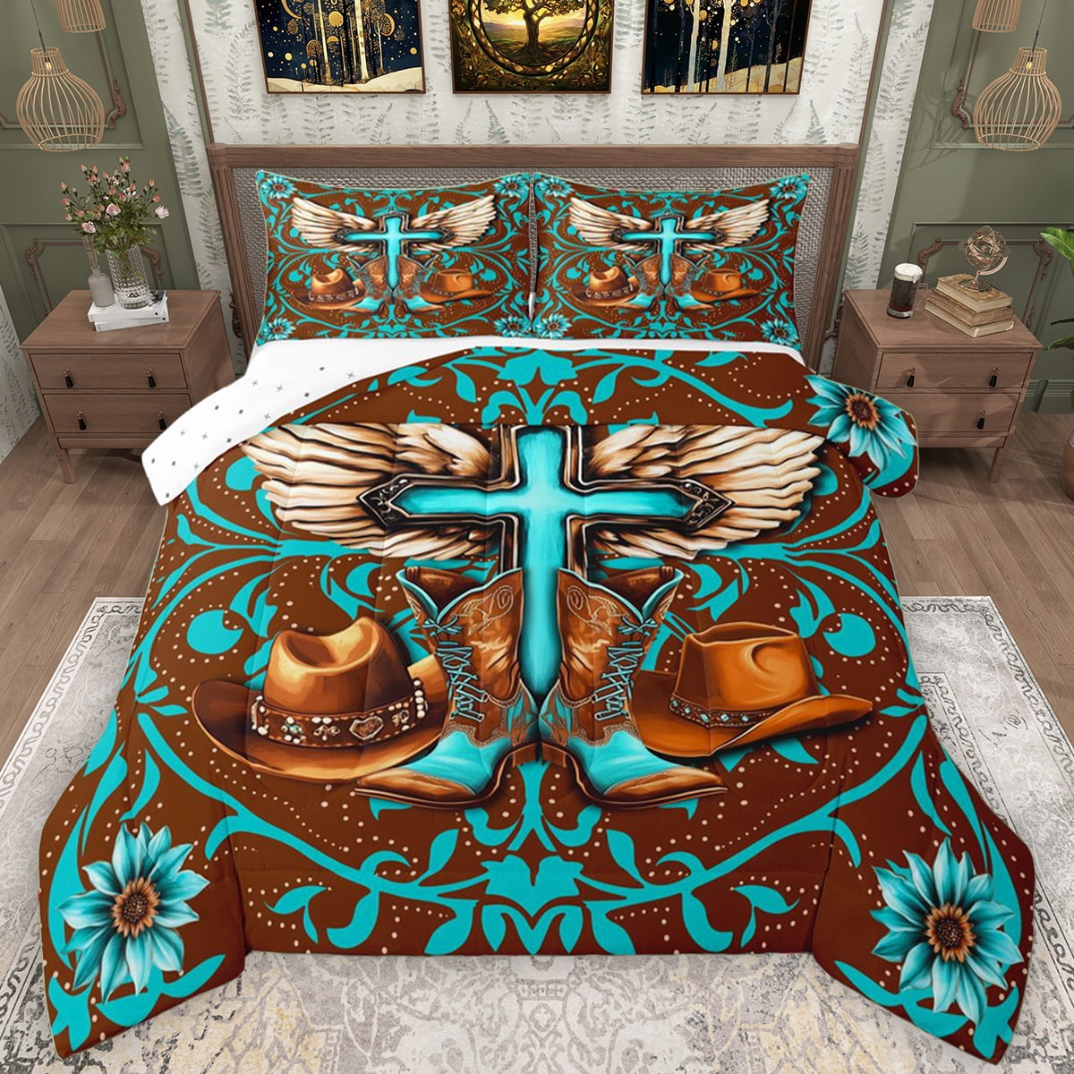 Manfei Hippie Cowgirl Boot Queen Comforter Set for Teen, Brown Cyan ...