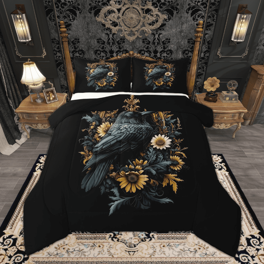 Manfei Hippie Crow Bedding Comforter Set, Vintage Sunflower Daisy Twin ...