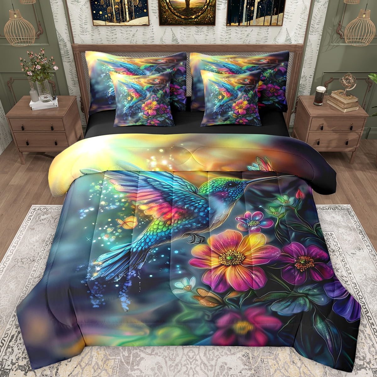Manfei Hippie Hummingbird Bedding Comforter Set 7pcs, Rustic Farmhouse ...
