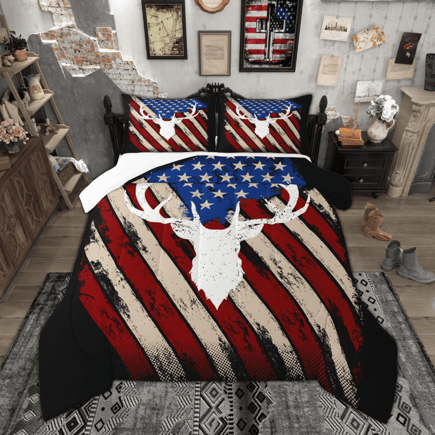 Manfei Hippie Moose Silhouette Bedding Comforter Set, Striped American ...