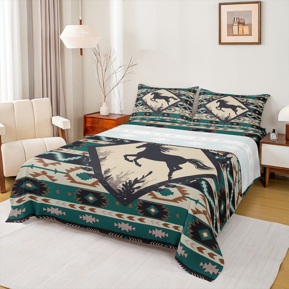 Manfei Hippie Racing Horse Twin Sheet Sets, Western Hippie Aztec Twin ...
