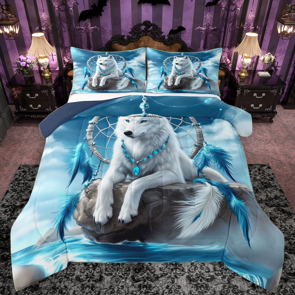 Manfei Hippie White Wolf Bedding Comforter Set for Kids, Western Blue ...