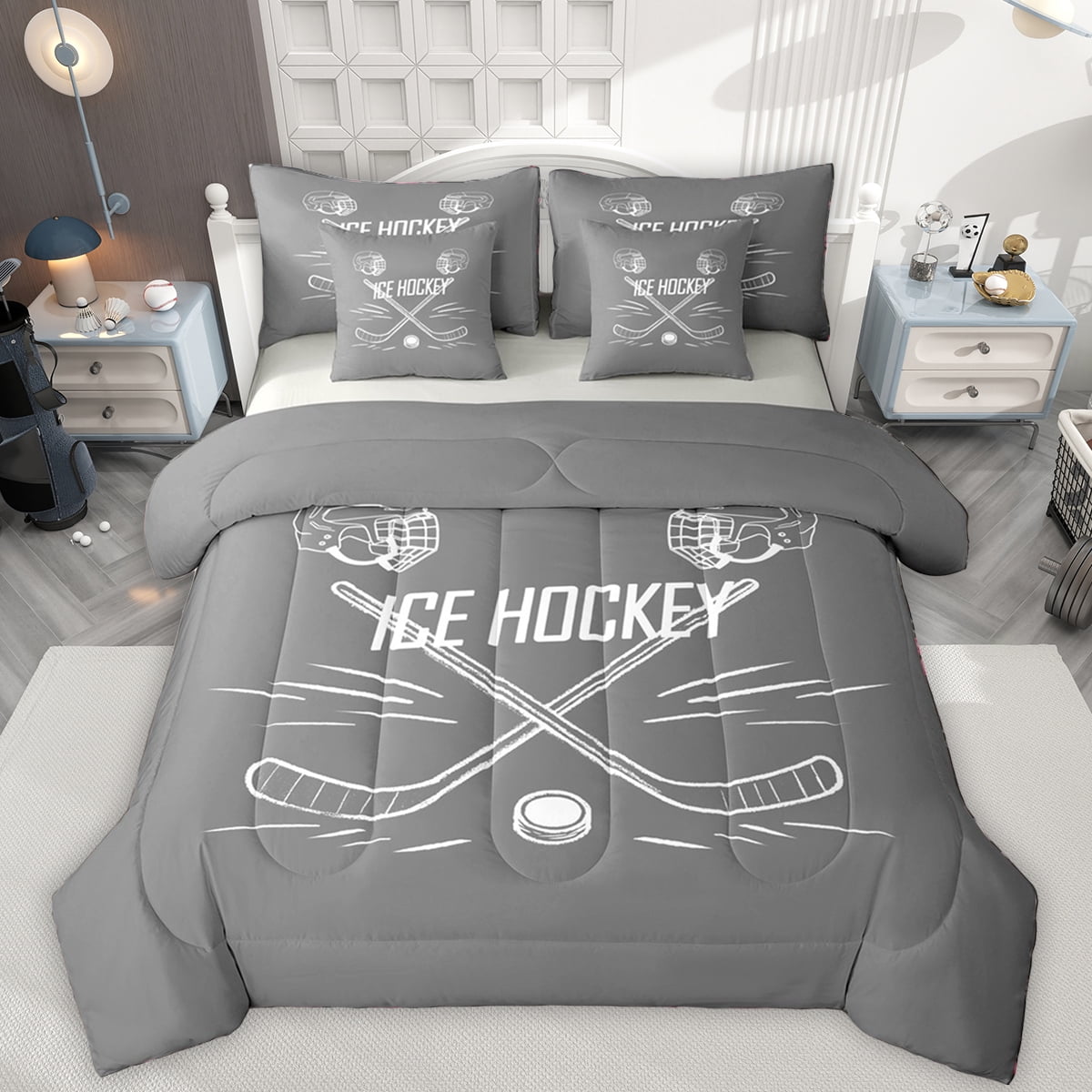 Manfei Hockey Gamer 7-Piece Bedding Comforter Set,Ice Sport Theme King ...