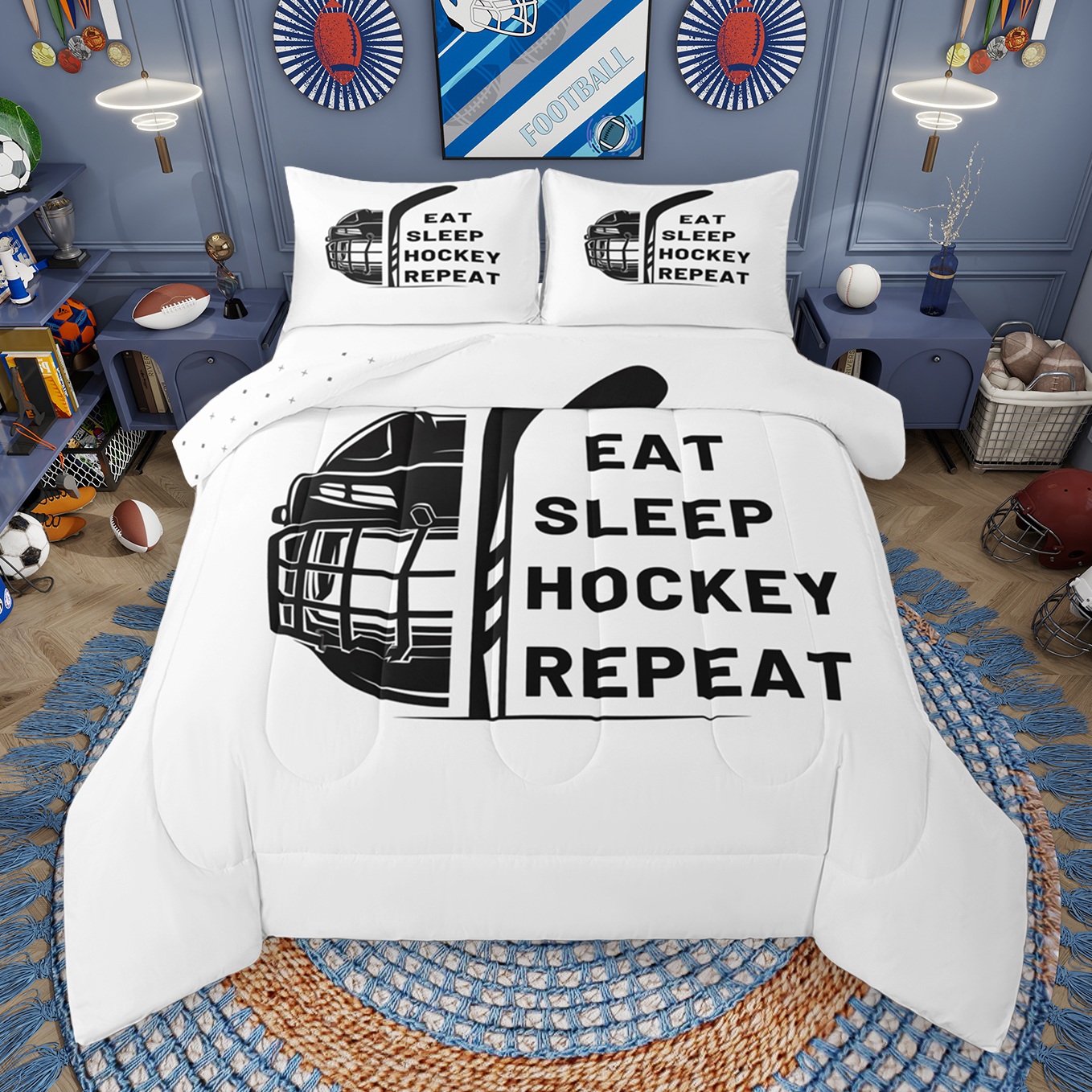 Manfei Hockey Helmet Queen Comforter Set,Teens Sport Theme Bedding Sets ...