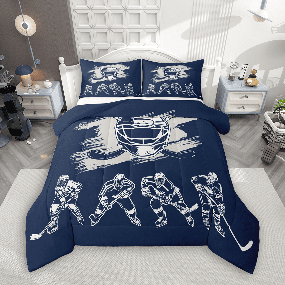 Manfei Hockey Player Helmet Full Size Comforter Sets 3-Piece, Ice ...