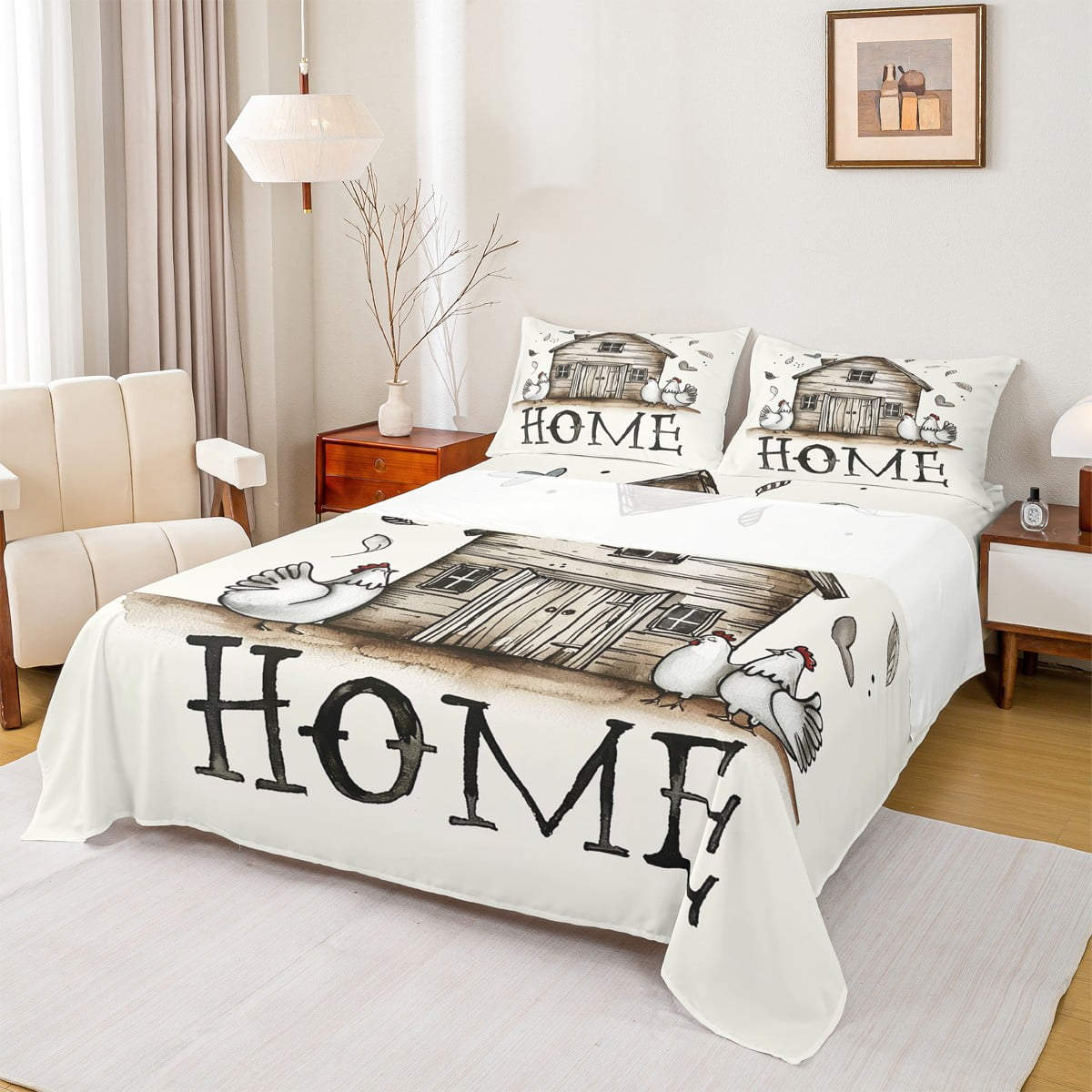 Manfei Home Wooden House Full Size Sheets, Cartoon Farmhouse Rooster ...