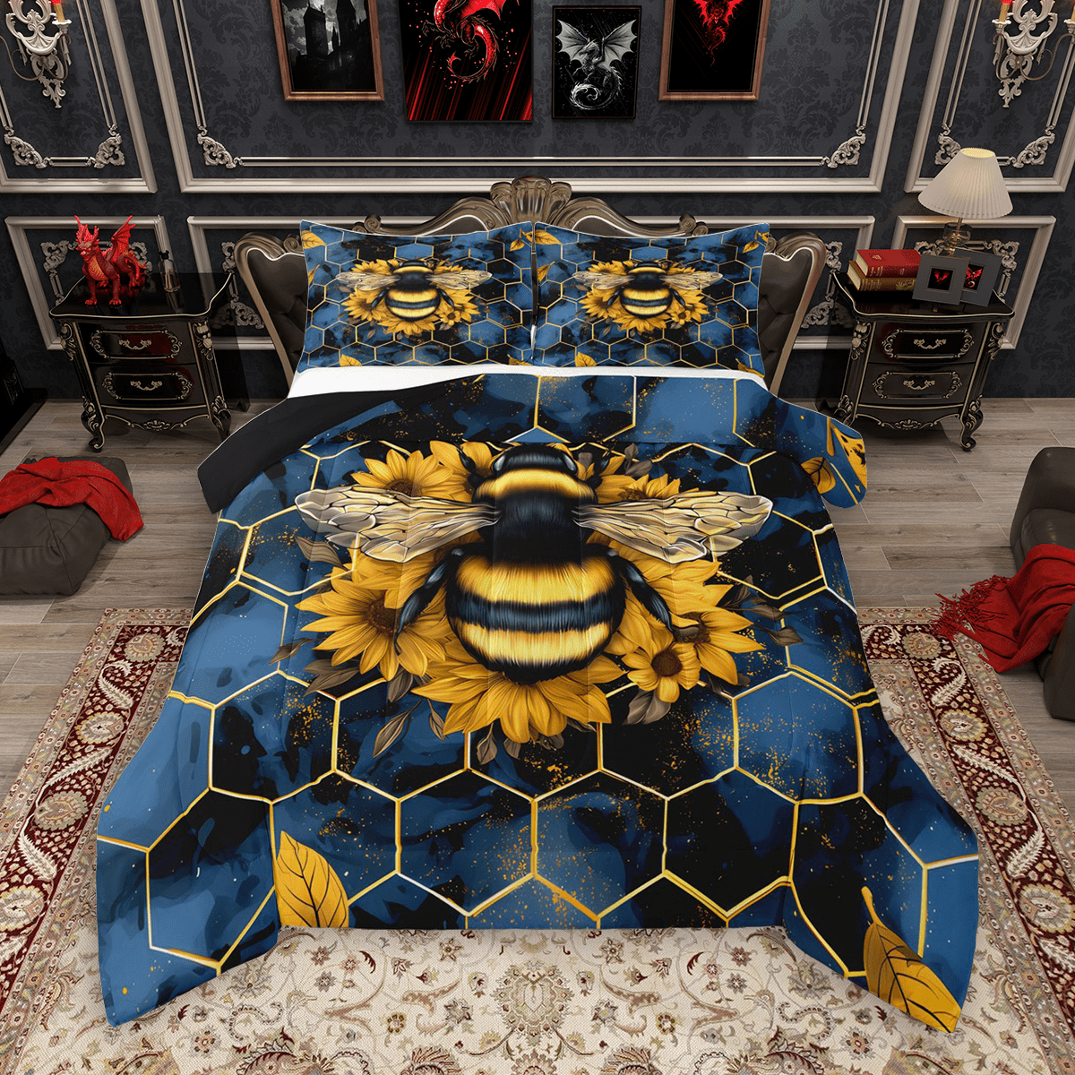 Manfei Honey Bee Queen Comforter Set 3 Pieces, Gold Honeycomb Bedding ...