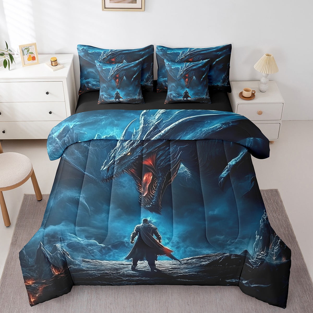 Manfei Horror Dragon Bedding Sets Twin Size, Western Warrior Bed in a ...