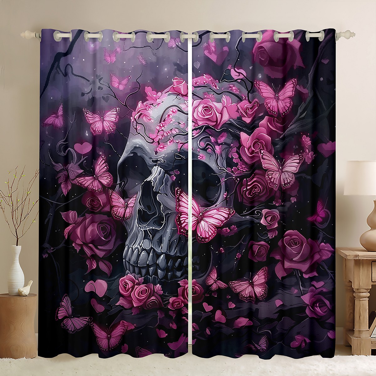 Manfei Horror Gothic Skeleton Curtains and Drapes,Pink Butterfly Flower ...