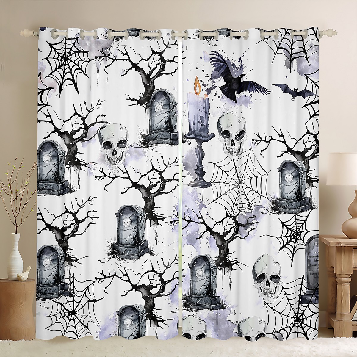 Manfei Horror Gothic Skull Curtains and Drapes,Black Spider Webs Black ...