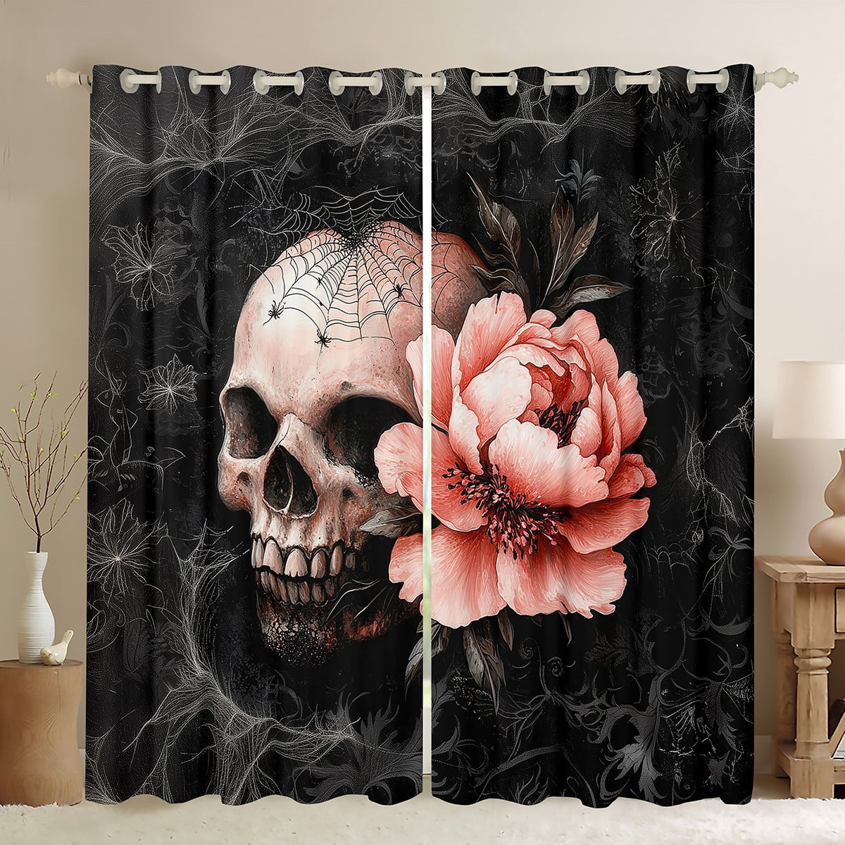 Manfei Horror Gothic Skull Curtains and Drapes,Rustic Floral Flower ...