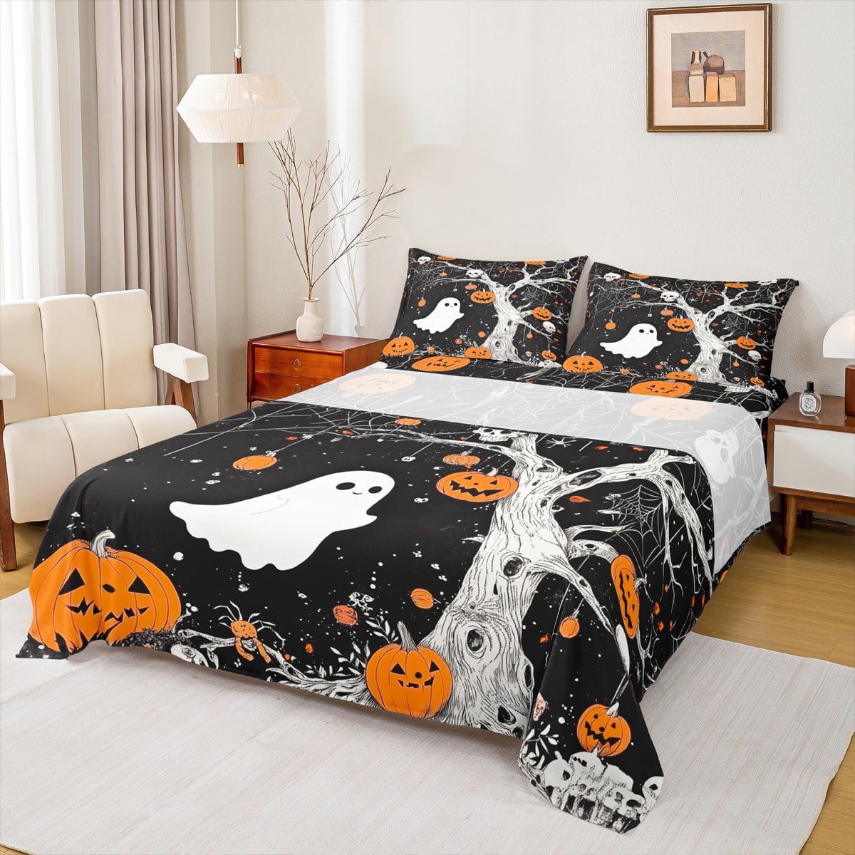 Manfei Horror Pumpkin Bed Sheets Set King Size, Spooky Ghost Bedding ...
