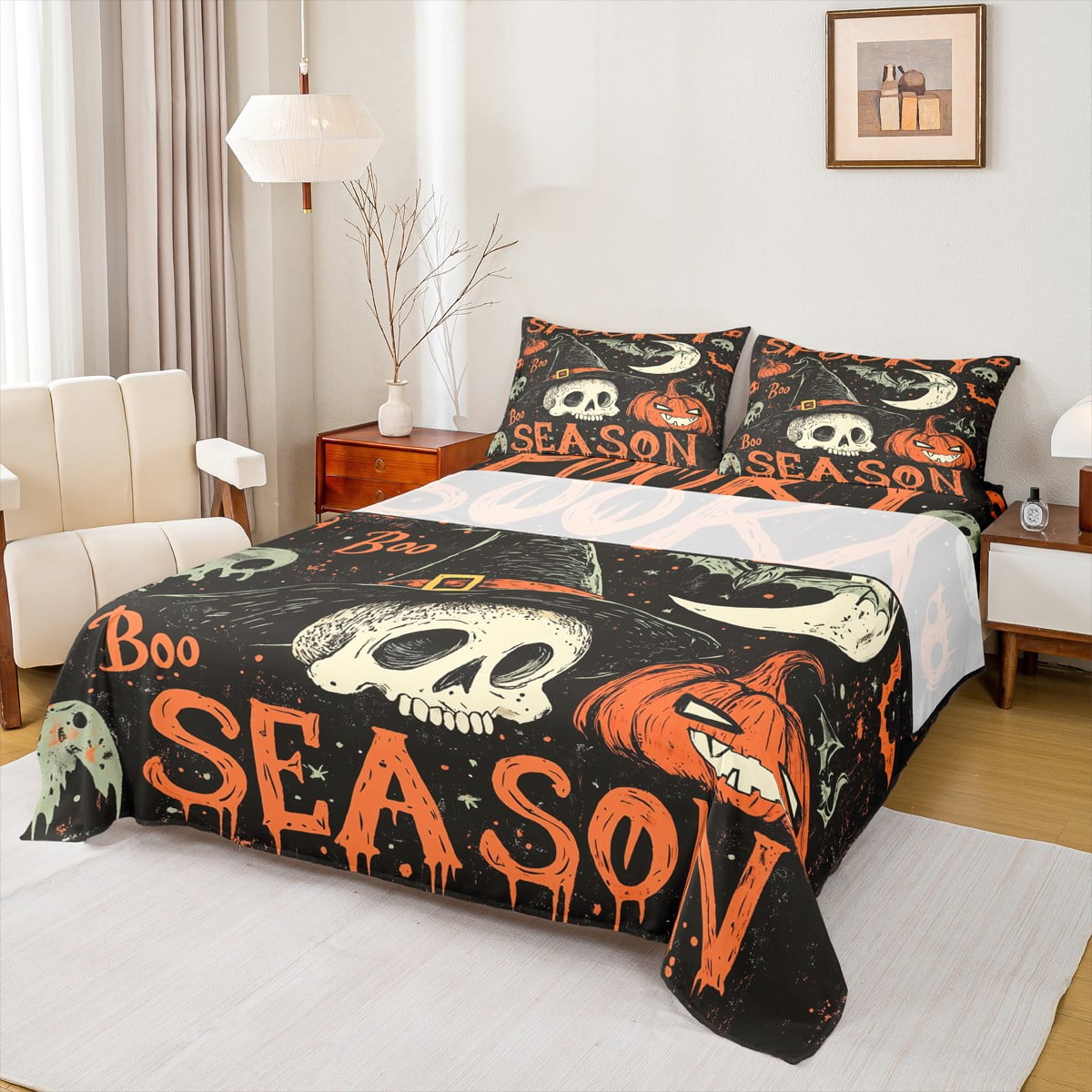 Manfei Horror Skull Skeleton Bed Sheets for Kids, Halloween Pumpkin ...