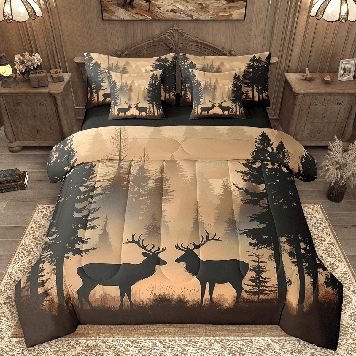 Manfei Hunting Deer Bedding Comforter Set 7 Pieces, Smoky Jungle Queen ...