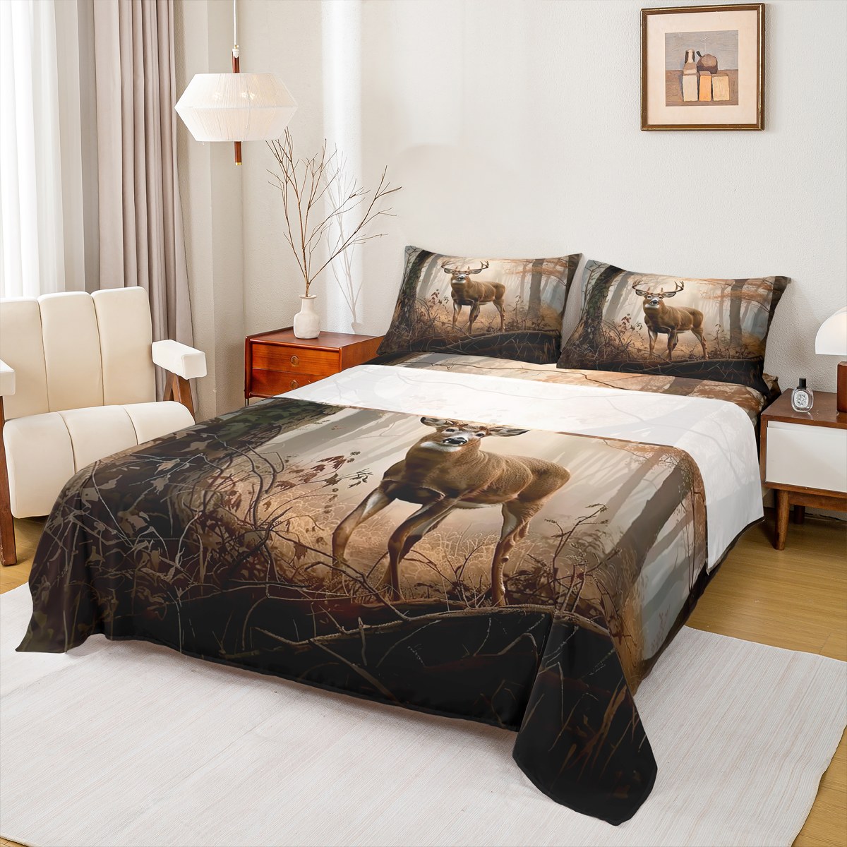 Manfei Hunting Deer Full Size Sheets 4pcs, Woodland Animal Bed Sheets ...