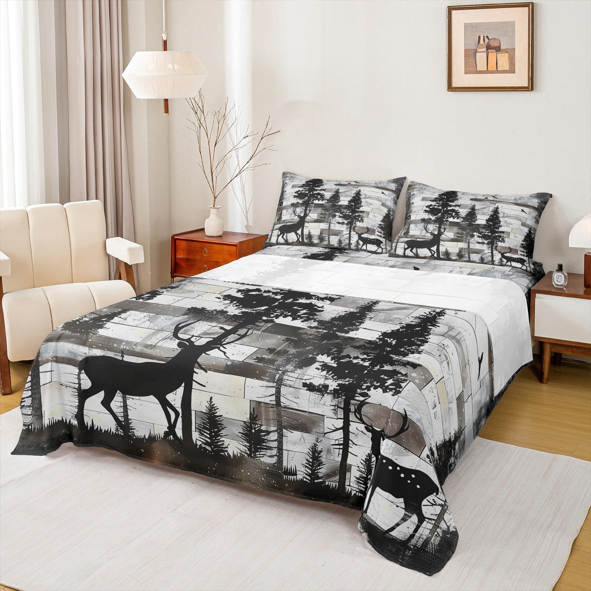 Manfei Hunting Deer Queen Sheet Sets 4 Pieces, Gray Barn Door Farmhouse ...